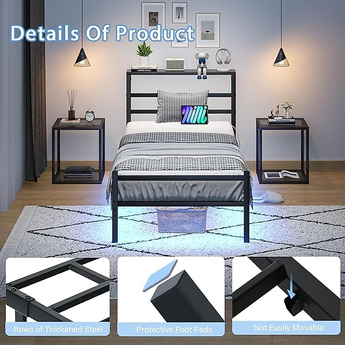 REVOMINCA Twin Bed Frame with Charging Station, Metal Platform Bed Frame with LED Lights, Storage Headboard, Heavy Duty Steel Slats, No Noise, Easy Assembly