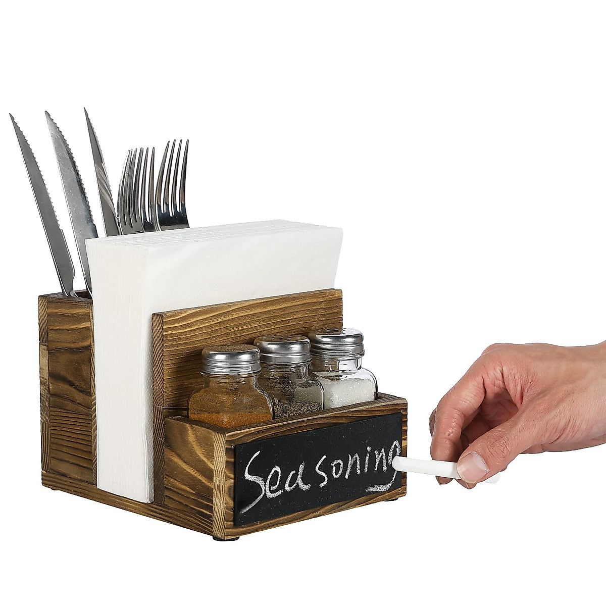 MyGift 4 Piece Set Rustic Brown Solid Wood Napkin and Salt & Pepper Shaker and Flatware Holder Caddy with 4 Compartments, 3 Seasoning Jar Bottles and Chalkboard Label