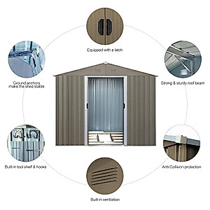 GLANZEND 6x8 Ft Outdoor Storage Shed, Metal Garden Shed with Steel Floor, Double Sliding Doors, Ventilation, Suitable for Backyard, Patio, Garage, Lawn