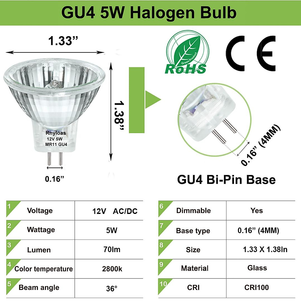 Rnyloas GU4 Halogen 5W, 6 Pack GU4 Base MR11 12V 5W, Long Lasting GU4 MR11 Dimmable with Glass Cover, MR11 Warm White 2800K Fiber Optic Light Bulb, MR11 Bulb with GU4 /GZ4 Bi Pin Base