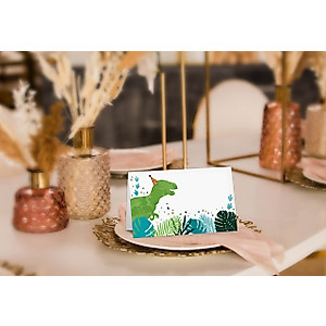 Table Place Card, Dinosaur Themed Tent Style Cards, Pack of 25 Half-Fold Reception Place Card, Green Blue Dino Food Labels, Perfect for Baby Shower, Dinosaur Birthday Party C06
