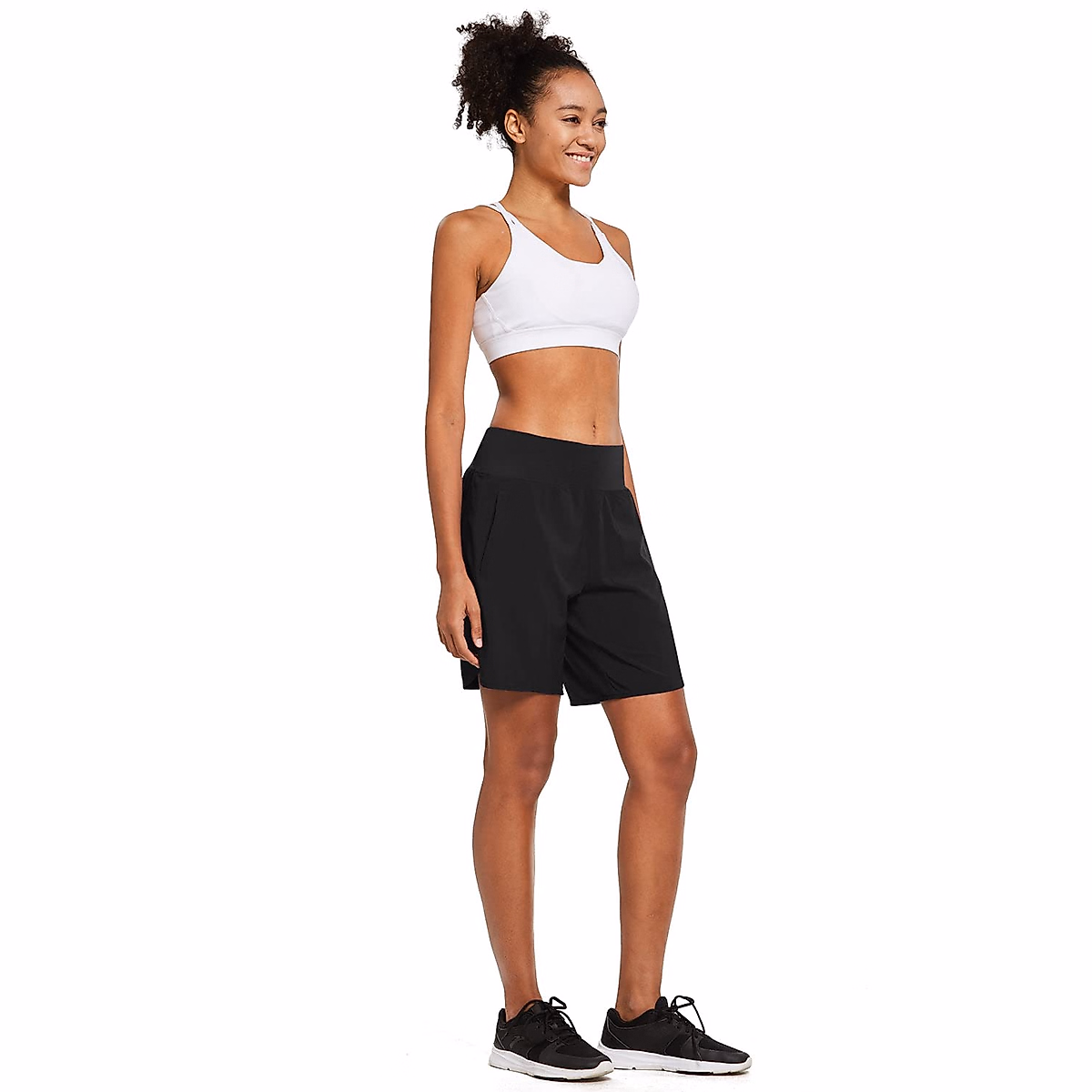 BALEAF Womens' 7" Long Running Athletic Shorts Back Zipper Pocket Workout Gym Shorts Quick Dry High Waist with Liner Black Size M