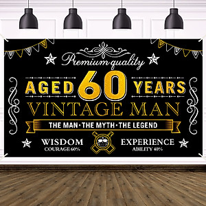 Happy 60th Birthday Banner Decorations for Men, Black Gold Vintage 60 Birthday Sign Party Supplies, Sixty Year Old Birthday Party Background Poster(72.8 x 43.3 Inch)