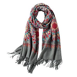 Urban CoCo Women's Embroidered Oversize Tassel Shawl Scarf Wraps for Women (Gray)