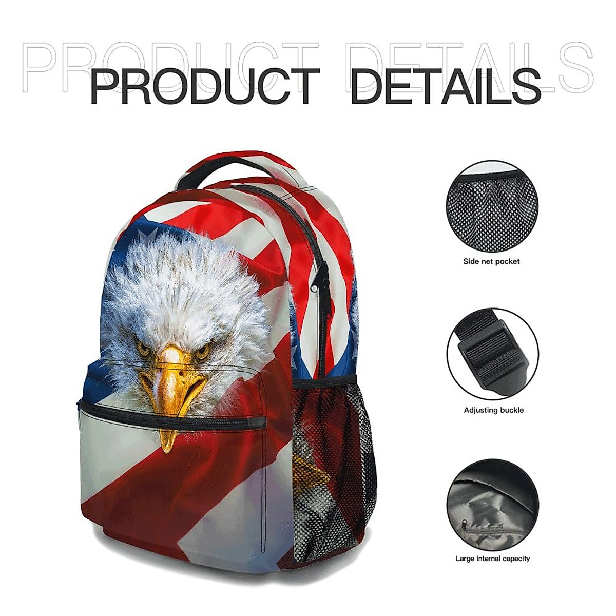 DTCCET Classic Eagle Backpack, American Flag Laptop Bag Cool Daypack with Multiple Pockets, 3D Printed Shoulders Backpack(Eagle & American Flag)