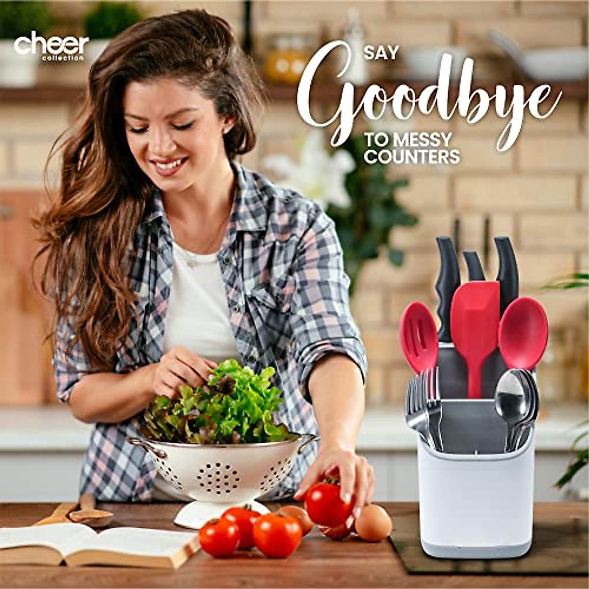 Cheer Collection Kitchen Utensil Organizer and Drainer, Cutlery Holder and Strainer with 3 Divided Compartments, Sink Flatware Caddy Countertop Organizer, Dishwasher Safe, White