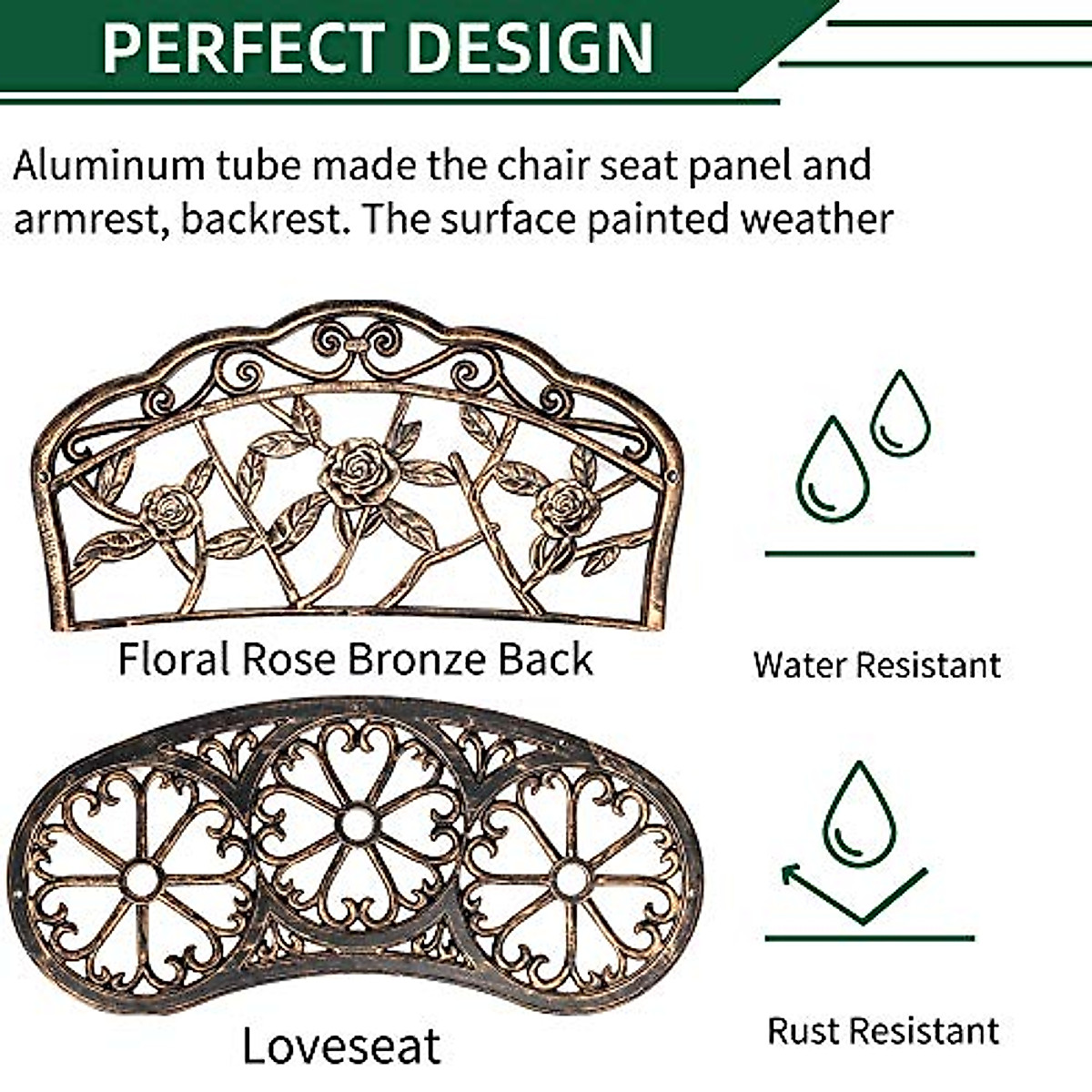 Payhere Garden Benches for Outdoor, 39.7 in Antique Designed Metal Rose Carving Front Porch Bench, Cast Iron Cast Bronze Frame Antique Finish, Durable Patio Park Decor Leisure Bench for 2 Person Seat