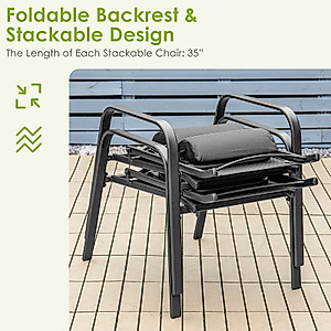 Giantex 3 Pieces Patio Bistro Set, Patio Dining Set for 2, Stackable Patio Chairs with Adjustable Backrest Headrest, Tempered Glass Coffee Table, Outdoor Porch Yard Garden Furniture (Black)