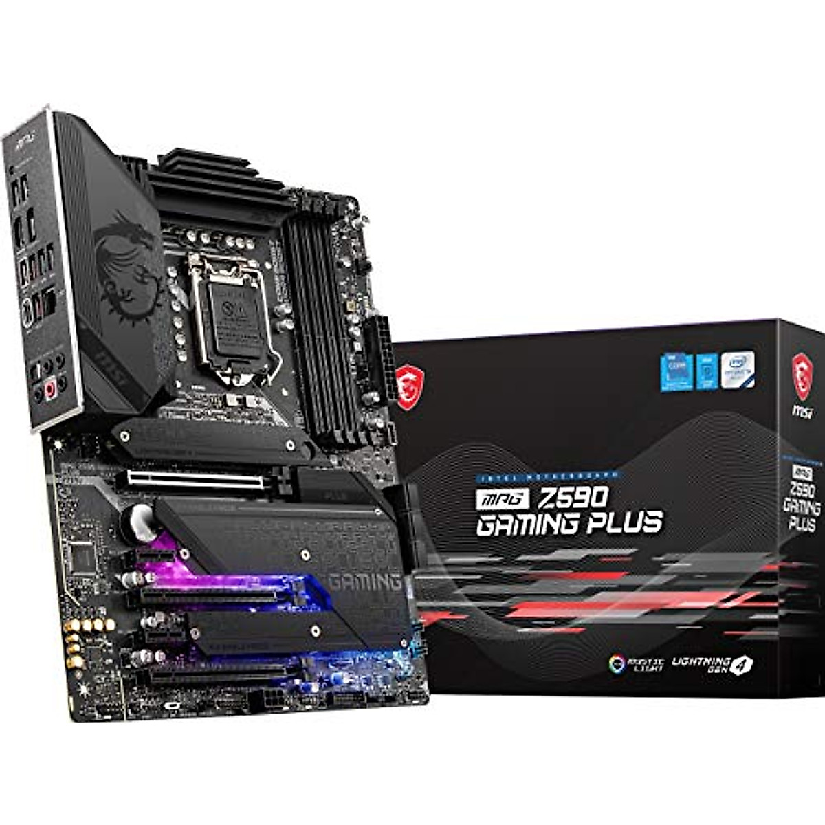 MSI MPG Z590 Gaming Plus Gaming Motherboard (ATX, 11th/10th Gen Intel Core, LGA 1200 Socket, DDR4, PCIe 4, CFX, M.2 Slots, USB 3.2 Gen 2, DP/HDMI, Mystic Light RGB)