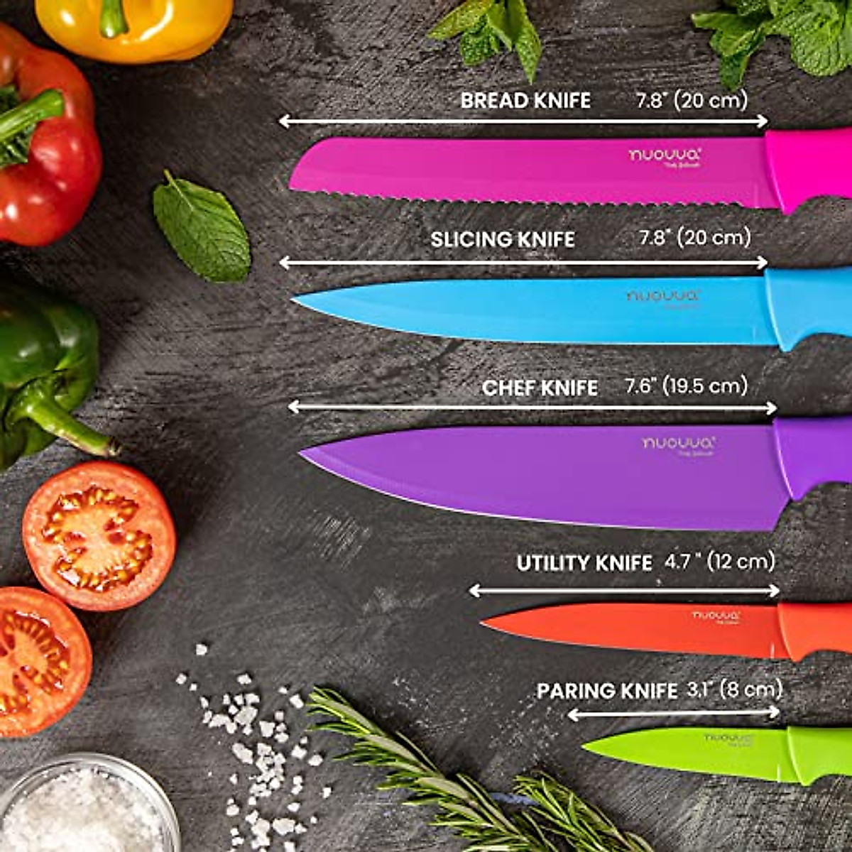nuovva Kitchen Knife Set with Colour Coding 5 Piece Coloured Knives Set Stainless Steel