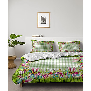 California King 4 Piece Bedding Set Spring Green Grassland Lattice Bunny Ear Easter Egg,Soft Breathable Duvet Cover and Pillowcase,Pastoral Rabbit Plant Washable Bed Sheets for Dormitory Guest Room