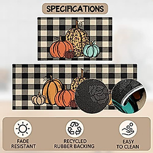 Xsinufn Fall Kitchen Rugs and Mats Set of 2, Autumn Thanksgiving Farmhouse Floor Rug Non-Slip Absorbent Washable, Fall Kitchen Decor Buffalo Plaid Pumpkins Rug - 17x30 and 17x47 Inch