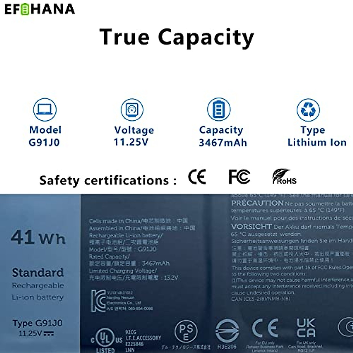 EFOHANA G91J0 41Wh Laptop Battery Replacement for Dell Latitude 3320 3330 3420 3520 Inspiron 3510 3511 3515 5310 5410 5418 5510 5515 5518 14 Plus 7420 7415 2-in-1 Vostro 5620 5625 V6W33 TN70C