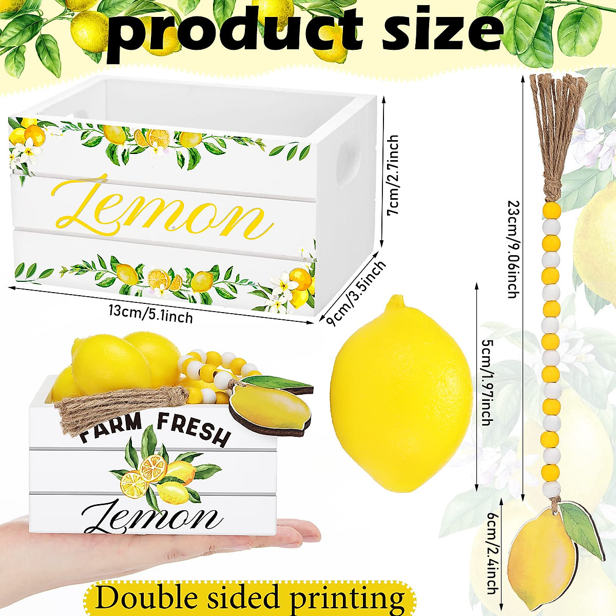 Qunclay Lemon Mini Crate Summer Tiered Tray Decor with 8 Faux Lemons with Wood Bead Tassel Farmhouse Lemonade Kitchen Decorations Summertime Wood Crate for Party Decor