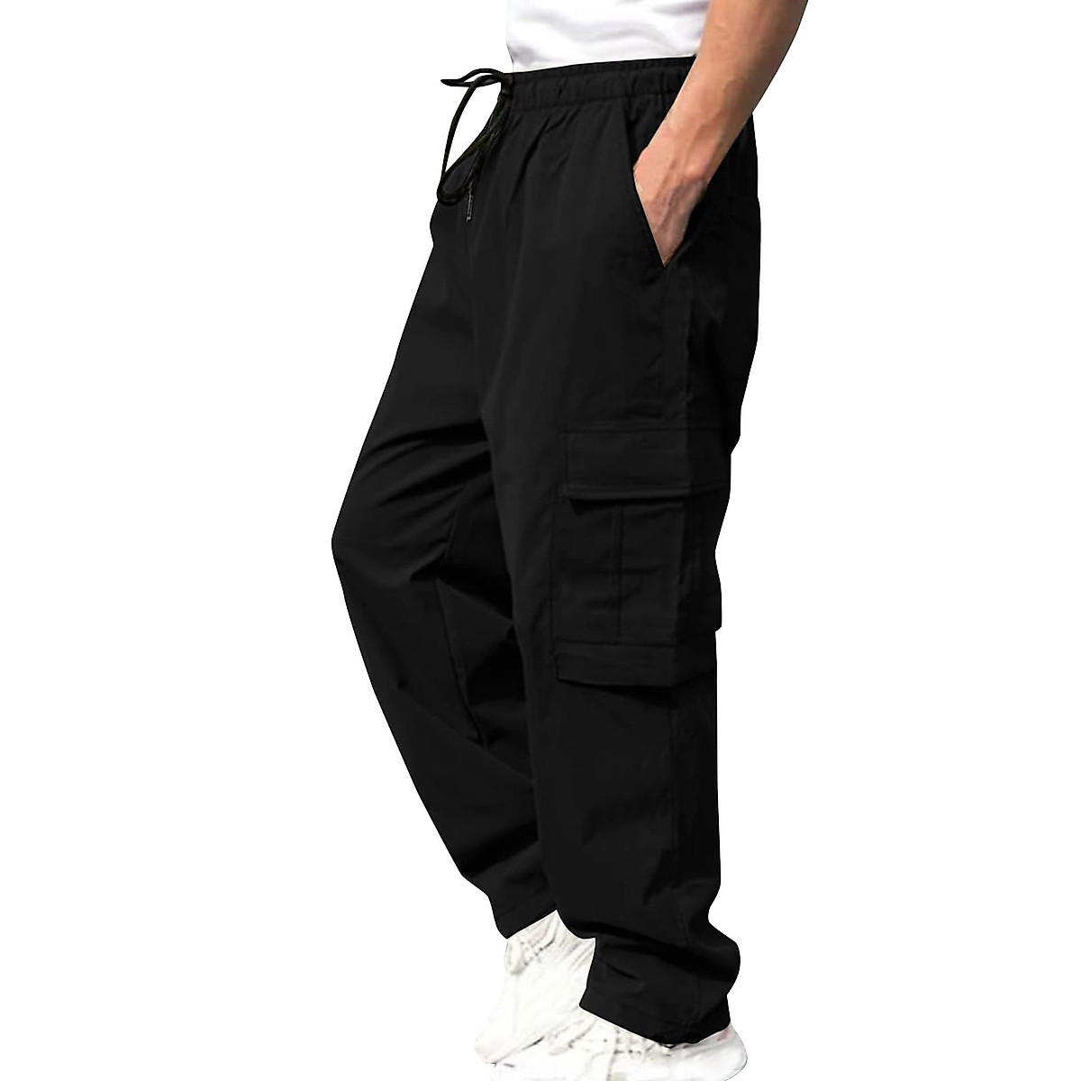 THWEI Mens Cargo Pants Casual Drawstring Joggers Cotton Work Sweatpants Outdoor Trousers Black S