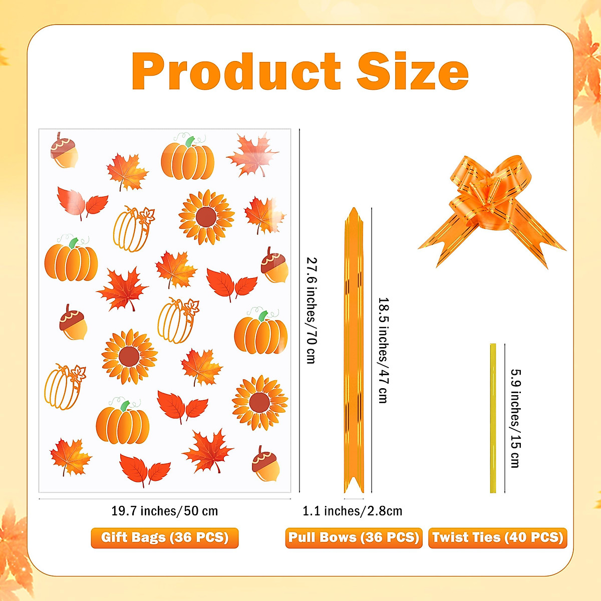 MIMIND 36 Pieces Fall Thanksgiving Large Basket Bags Cellophane Gift Bags Bulk 19.7 x 27.6 Inch Fall Plastic Gift Wrap Bags with 36 Pull Bows 40 Twist Ties for Thanksgiving Gift Baskets