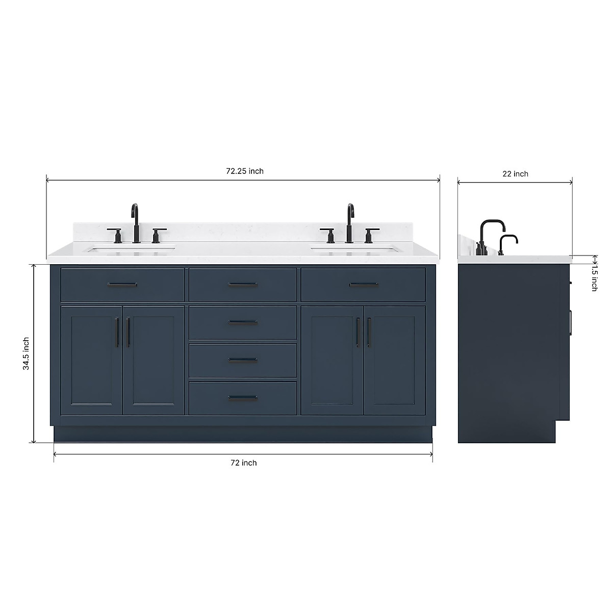 ARIEL Hepburn 72" Midnight Blue Double Vanity, 1.5" Edge Carrara Quartz Countertop & Splash, Rectangular Sinks, 4 Soft Closing Doors, 6 Full Extension Dovetail Drawers, Toe Kick, Matte Black