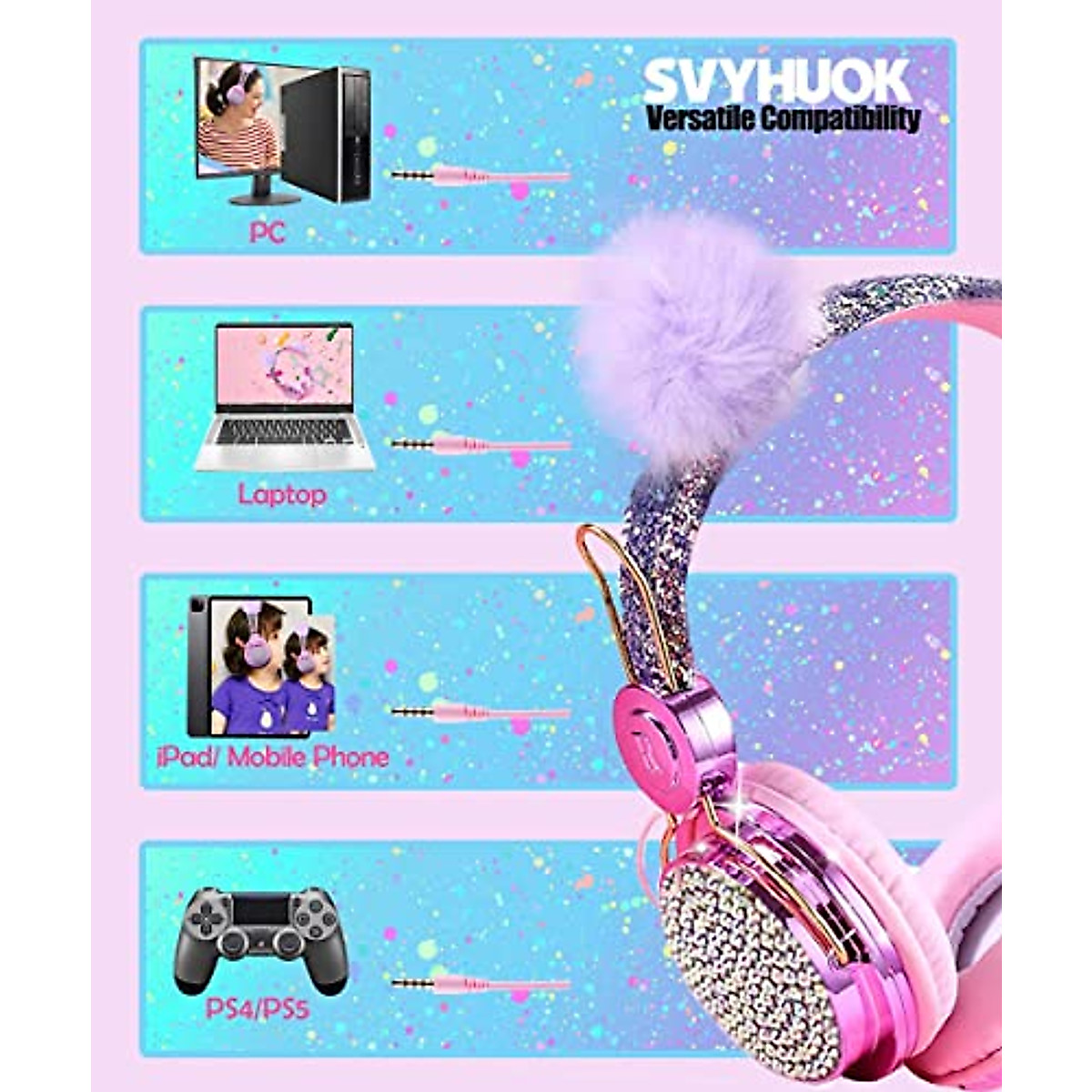 SVYHUOK Girls Pink Unicorn Wired Headphones,Cute Cat Ear Kids Game Headset for Boys Teens Tablet Laptop PC,Over Ear Children Headset withMic,for School Birthday Xmas Gifts