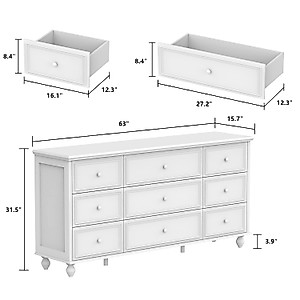 Hitow 9 Drawer Dresser for Bedroom, Modern Drawer with Wide Drawers and Wood Legs, Floor Storage Organizer Chest of Drawers for Living Room, White (15.7" D x 63" W x 31.5" H)