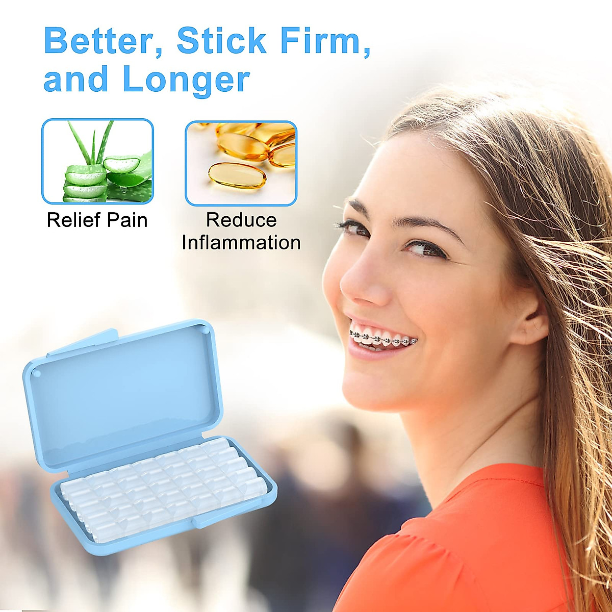 Braces Wax, 10 Pack 50 Precut Wax Strips 350+ Dots, Blue Cases. Includes Storage Box & 2 Applicator Tools, Food-Grade Premium Dental Wax for Braces & Aligners- Stick Better (Mint+Aloe Vera +Vitamin E)