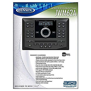Jensen JWM62A AM|FM|DVD|CD|USB|AUX|App Ready Bluetooth Wallmount Stereo w/ App Control, 3-Speaker Zones / 8 Speaker Output 8X 6 Watt, Receives Bluetooth Audio (A2DP) & Controls (AVRCP) from Devices