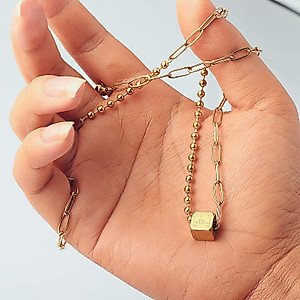 DASIQI Gold Necklace Stainless Steel Square Dice Beads Splicing Chains Fashion Jewelry for Women 20 inch