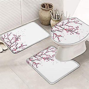 Fancyine 3 Pieces Bath Rugs Sets Spring Blooming Cherry Blossoms Soft Non-Slip Absorbent Toilet Seat Cover U-Shaped Toilet Mat for Bathroom Decor Japanese Flowers