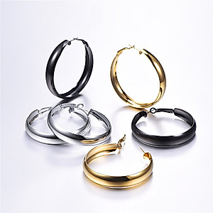 U7 Black Hoop Earrings 40mm Click-top European Style Chic Stainless Steel Loop Earrings|Womens Chunky Hoops with Sterling Silver Post