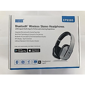August EP650 Bluetooth Wireless Over Ear Headphones with aptX LL Low Latency/Multipoint/NFC / 3.5mm Audio in/Headset Microphone - Silver