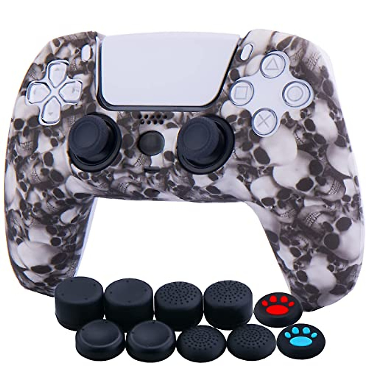 YoRHa Water Transfer Printing Silicone Thickened Cover Skin Case for PS5 Controller x 1(Skulls Purple) with Thumb Grips x 10