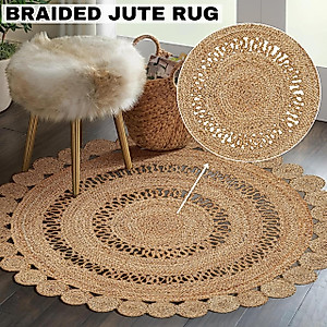 Limecasa,Hand Woven Farmhouse Jute Area Rug 3 Ft Round Natural Yarn, Rustic Vintage Beige Braided Reversible Rug, Eco Friendly Rugs for Bedroom, Kitchen, Living Room, Farmhouse 100% Jute Rug