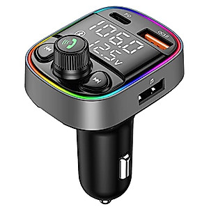 LIHAN Wireless Bluetooth Car Adapter,FM Transmitter AUX Radio Receiver,Handsfree Call,QC3.0 & Type-C USB Car Charger Ports, 7 Color Backlit with 2 LED Display, TF Card & USB Music Player