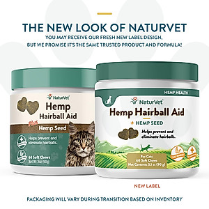 NaturVet Hemp Hairball Aid Plus Hemp Seed for Cats, 60 ct Soft Chews, Made in The USA