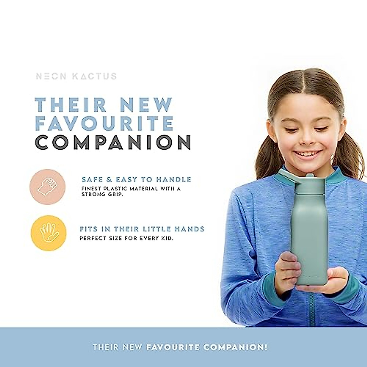 Neon Kactus Silicone Kids Bottle | Kids Water Bottle with Straw and Carry Handle for School, Travel, Sports | Drinking Bottle for Girls and Boys | BPA-Free, Dishwasher-Safe | Happy Camper, 340ml