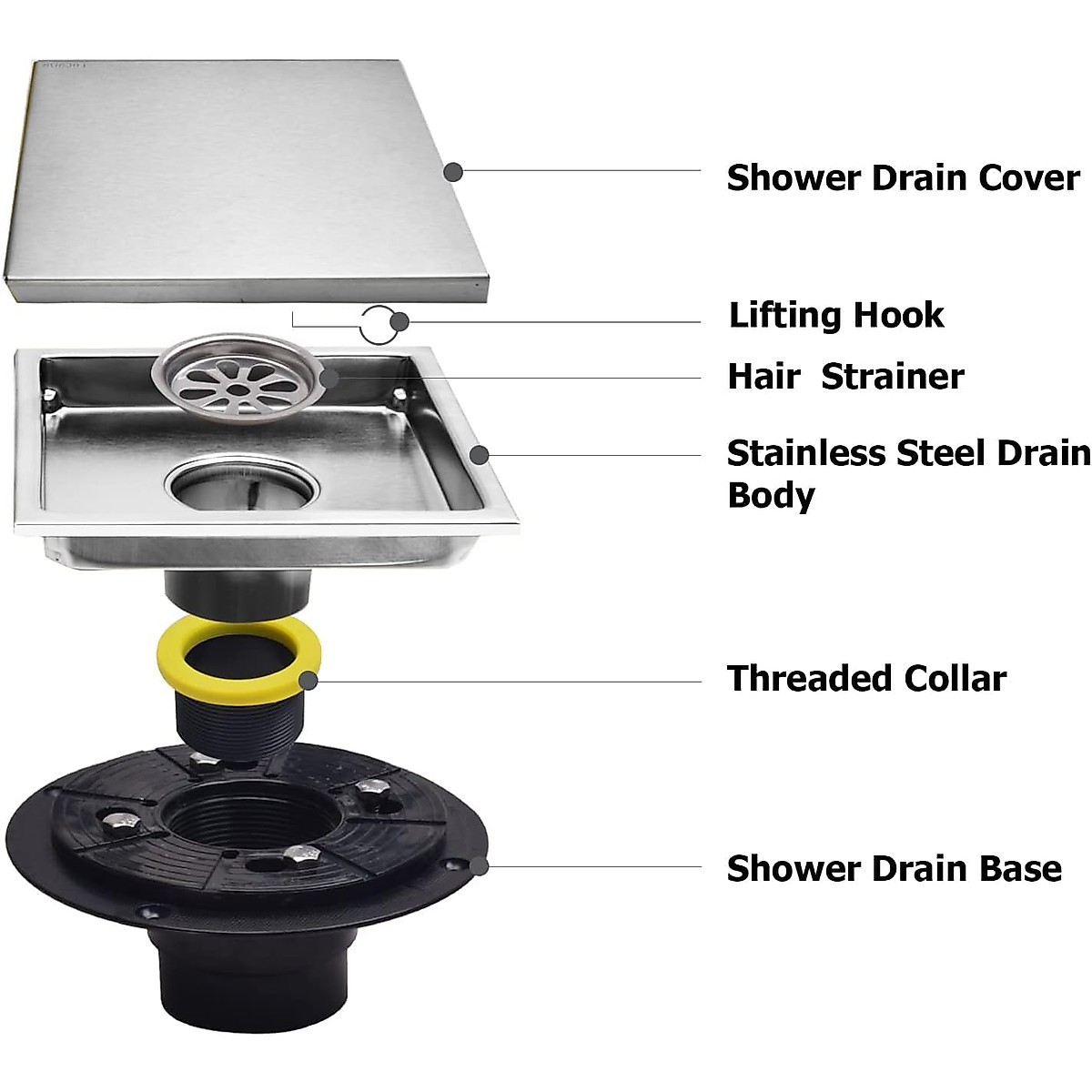 ARAUSK Shower Drain, 6 Inch Square Shower Floor Drain with Flange Reversible 2-in-1 Cover Tile Insert Grate Removable SUS 304 Stainless Steel Bathtub Drain Hair Catcher/Bathtub Protector for Bath