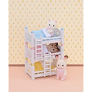 Calico Critters Triple Baby Bunk Beds, Dollhouse Toy Furniture, Multicolor, basic (CC2624), Set includes three beds, three mattresses with pillows, three blankets and two ladders