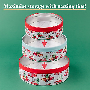 Plum Designs 3 Christmas Cookie Tins- Round Christmas Cookie Tins with Lids for Gift Giving, Christmas Tins Holiday Cookie Boxes, Christmas Tins for Cookies and Gifts (3ct Round Christmas Tins)
