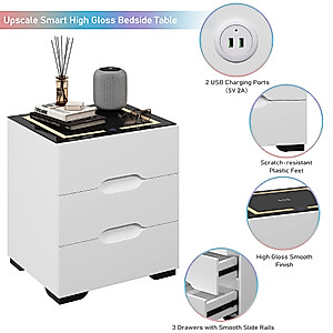 Jehiatek White Nightstand Set of 2, Night Stand Set 2 with Wireless Charging Station, High Gloss End Table with Adjustable LED Lights & USB Charging, Bedside Table Set of 2 with 3 Drawers (White)