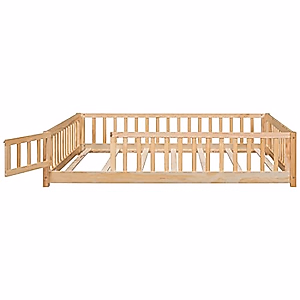 Bellemave Full Size Floor Bed with Door and Fence for Kids, Montessori Floor Bed with Slats and Safety Guardrails,Solid Wood Full Bed Frame for Girls Boys(Full,Natural)