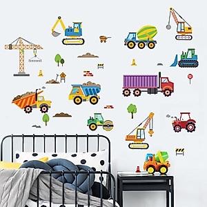 wondever Construction Vehicles Wall Stickers Engineering Cars Tractor Trucks Peel and Stick Wall Art Decals for Boys Bedroom Childrens Playroom