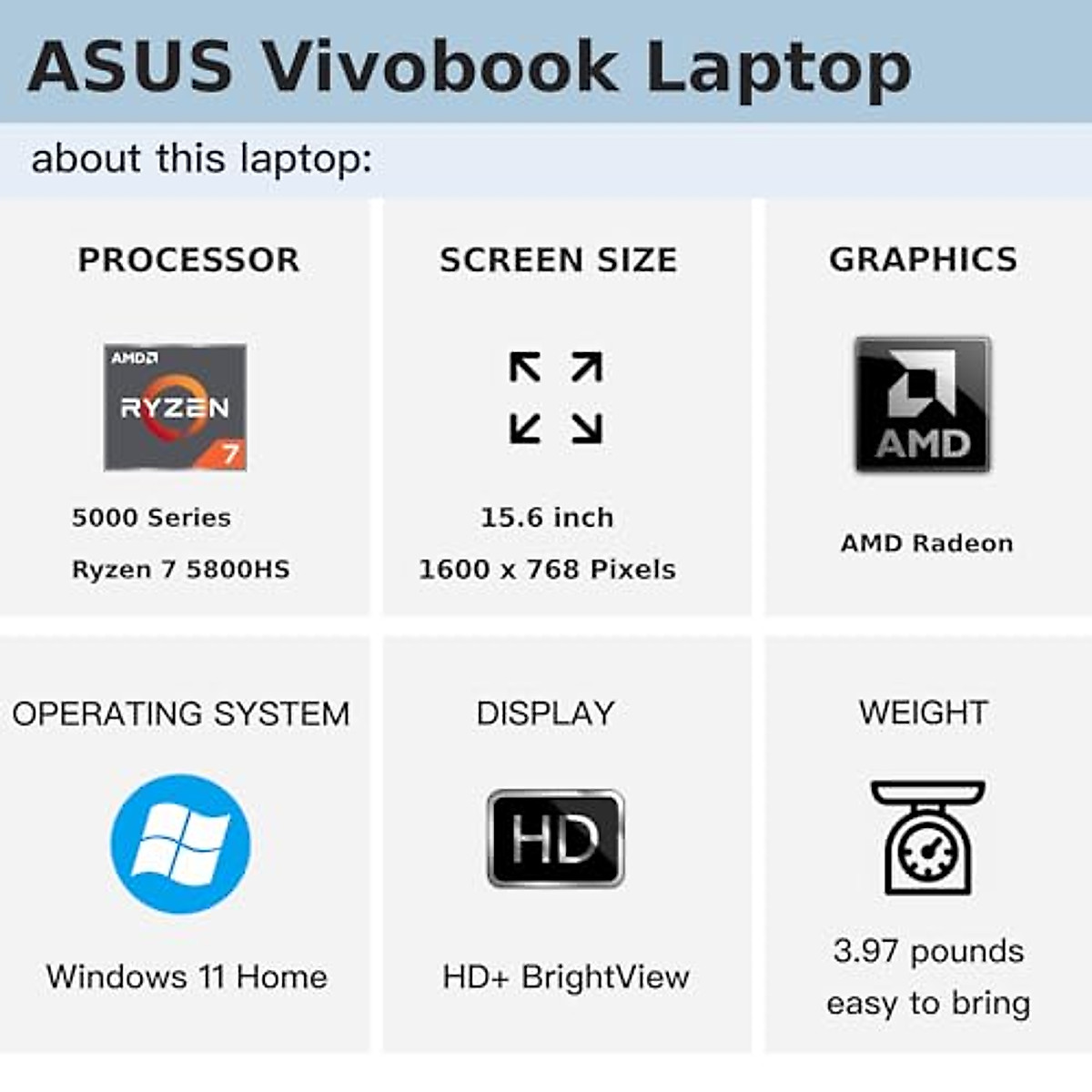 ASUS 2023 Newest Vivobook Laptop, 16" HD Display, AMD Ryzen 7 5800HS (8 core, Beats i7-1195G7), 12GB RAM, 512GB SSD, AMD Radeon Graphics, WiFi 6, Chiclet Keyboard, USB-A&C, Windows 11 Home