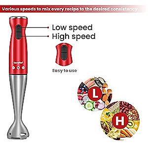COMFEE' Immersion Hand Blender, Brushed Stainless Steel, 2-Speed, Multipurpose Stick Blender with 200 Watts, 600ml Mixing Beaker and Whisk, Perfect for Baby Food, Smoothies, Sauces and Soups, Red