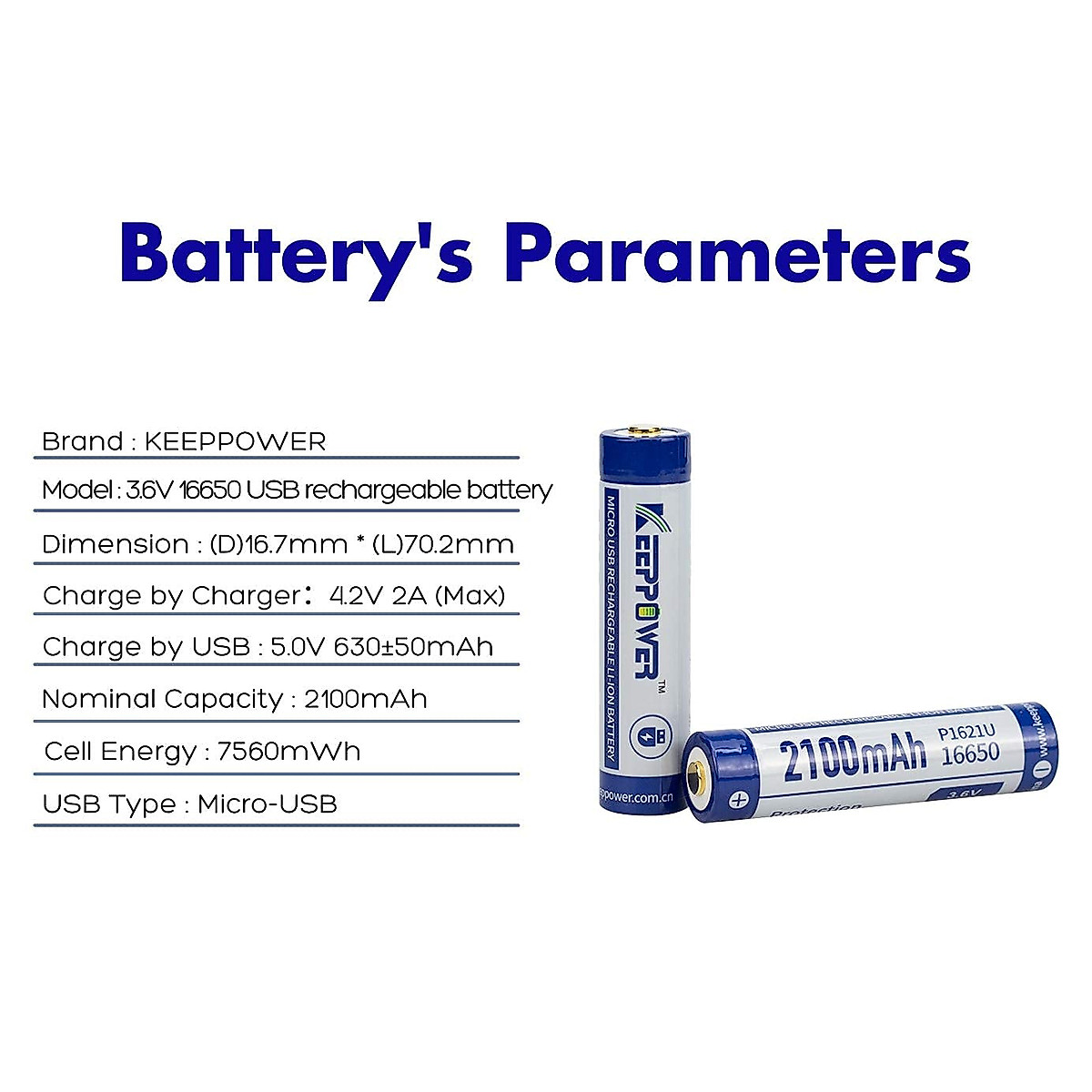 Keeppower Protected 16650 Li-ion Battery P1621U USB Rechargeable 3.6V 2100mAh 7.56Wh Flashlight Battery Included with a 2-in-1 Charging Cable (2 Pack)