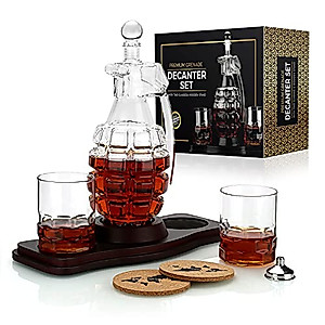 Grenade Whiskey Decanter with 2 Whiskey Glasses Set (New-tech Super Lightweight) and Wood Base-for Liquor, Scotch, Bourbon, Vodka, Wine, Brandy, Limited Edition Gifts for Men-1000ml