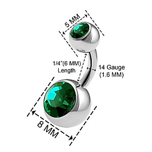 2PCS 316L Surgical Steel Short Belly Button Rings Studs 14 Gauge 1/4 6mm Emerald Crystal Balls Navel Jewelry 0570
