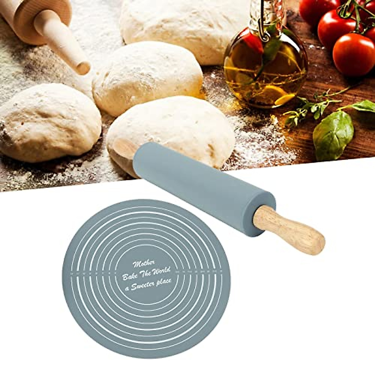 Non Stick Rolling Pin and Silicone Baking Mat, Round Non Stick Pastry Mat, Non stick Silicone Dough Rollers Set with Measurements Kneading Pastry Mat,Rolling Pin Pastry Baking Mat,Baking Tool(Grey)