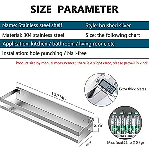 GEINIFAFA Rustproof Metal Storage Floating Shelves Wall Mounted Rectangular Shelf for Bedroom,Bathroom, Living Room, Kitchen, and Laundry Room,Nail-Free Wall-Mounted Shelves（15.75 Inch Silver）