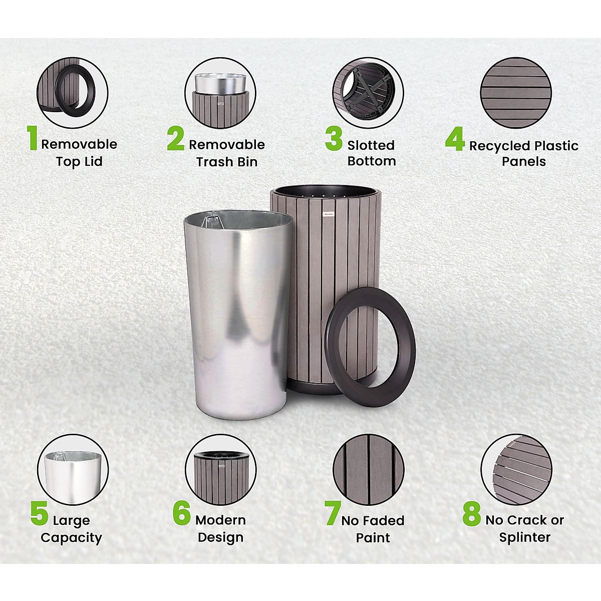 Alpine 32 Gallon Commercial Outdoor Trash Can - Heavy Duty Garbage Can Outdoor, Industrial Open Top Trash Can with Plastic Panels for Patio, Parks, Trails, Resorts (Flat Lid - Grey)