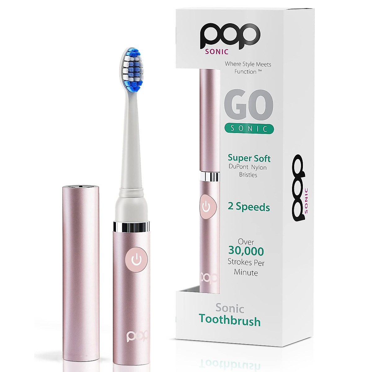 Pop Sonic Electric Toothbrush (Metallic Rose) - Travel Toothbrushes w/AAA Battery | Kids Electric Toothbrushes with 2 Speed & 15,000-30,000 Strokes/Minute, Dupont Nylon Bristles