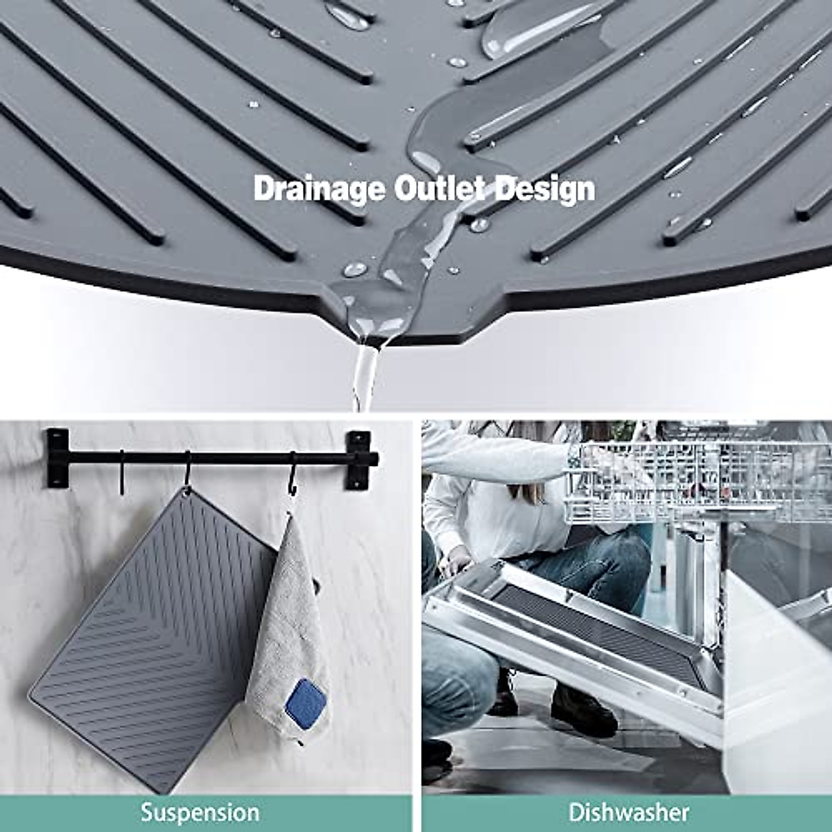 IYYI Silicone Dish Drying Mat XL(24" x 15") Dish Draining Mat for Kitchen Counter, Easy Clean, Heat Resistant, Large Drainer Mat (Gray)